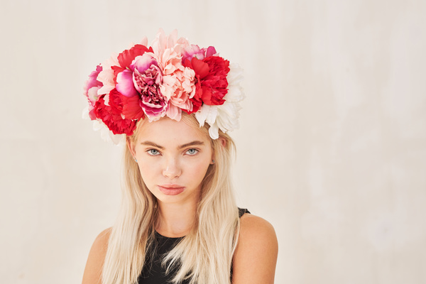 Woman with Wreath of Flowers on Her Head on Light Background - Stock ...